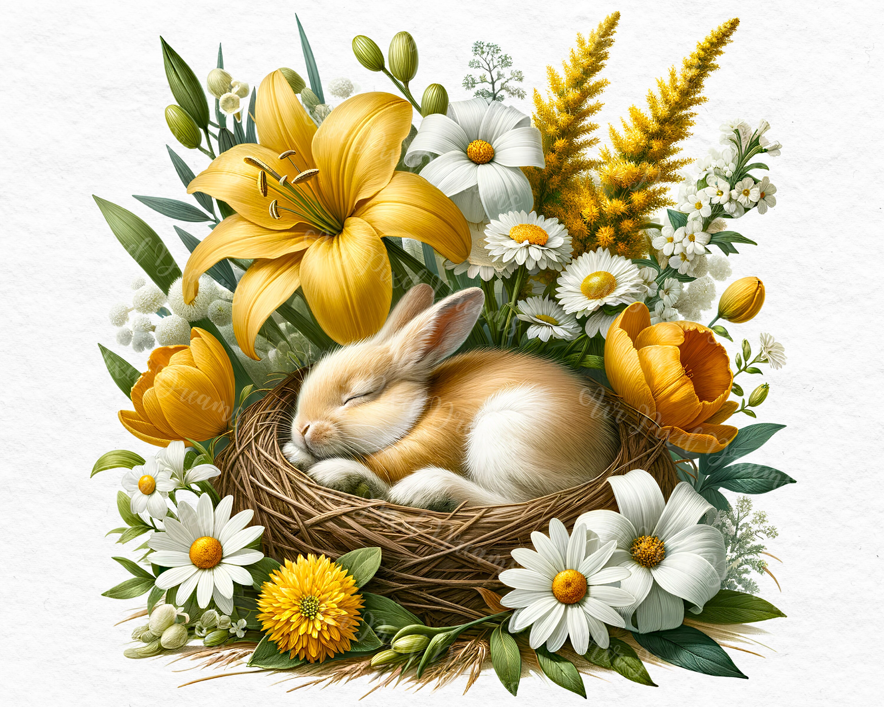 Bunny Blossom Dreams: Sleepy Rabbit Clipart Set, 20 PNG, Watercolor ...