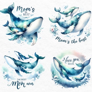 Watercolor Whale Clipart Collection for Mother's Day, Whale Nursery ...