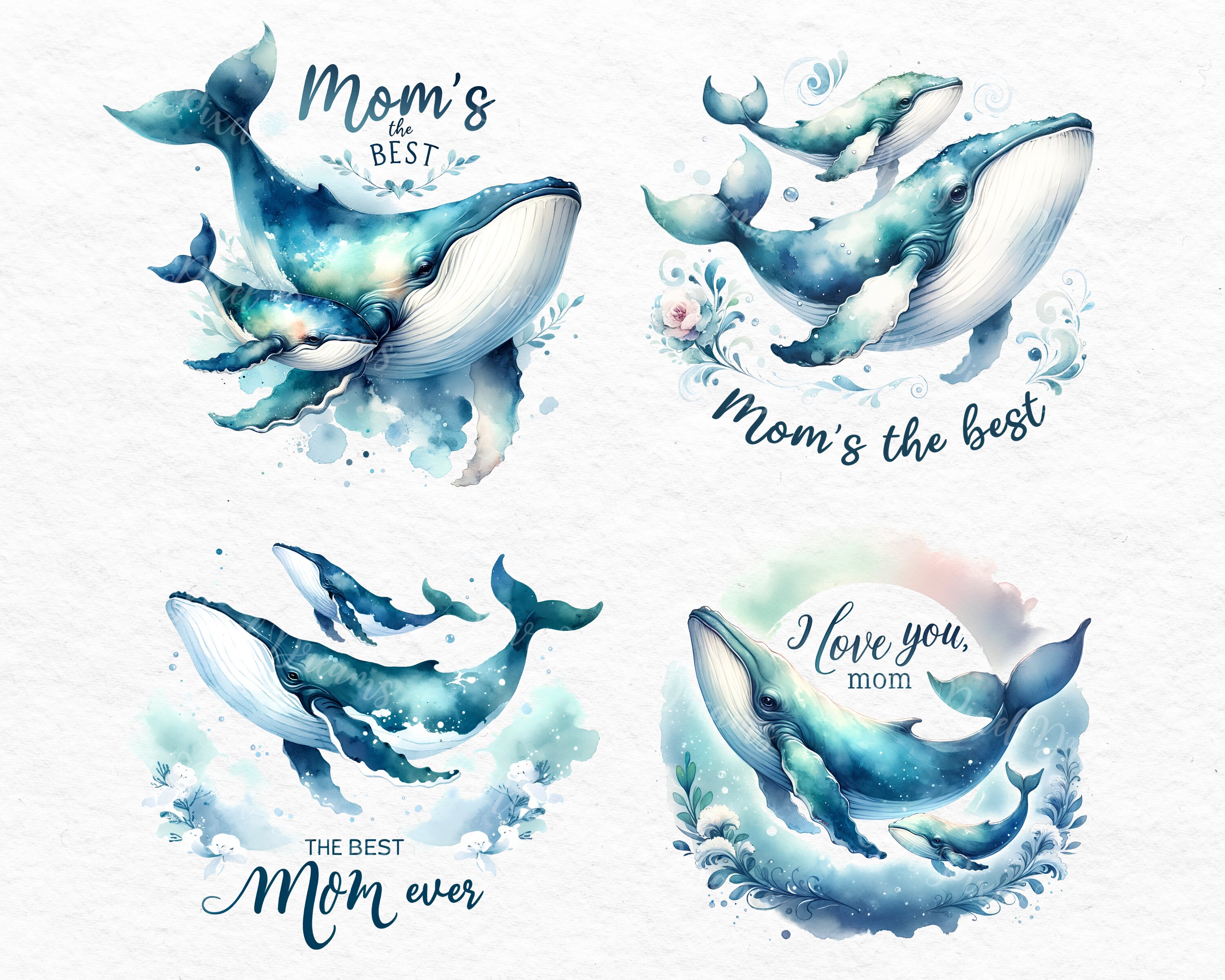 Watercolor Whale Clipart Collection for Mother's Day, Whale Nursery ...