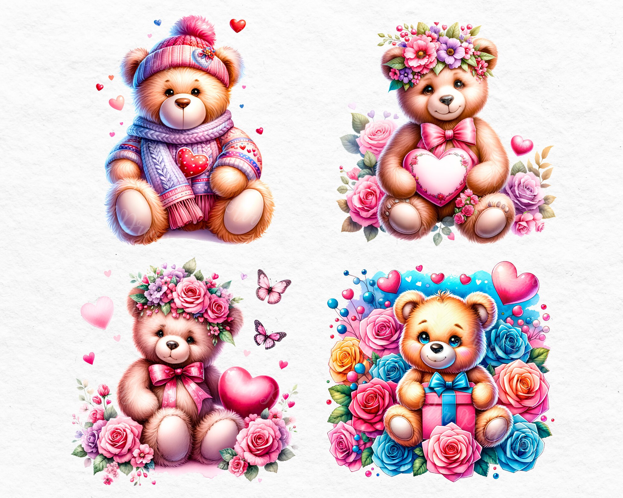 Watercolor Valentines Teddy Bear Clipart 15 PNG Valentines Day Clipart ...