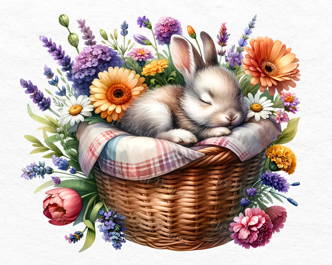 Spring Bunny in a Basket Clipart Bundle, 16 Png, Seasonal Clipart ...