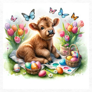 Easter Highland Cow Clipart Bundle, 14 JPEG, Watercolor Highland Cow ...