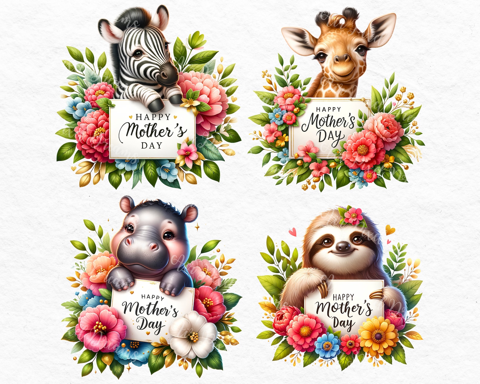 Cute Mother's Day Animals Clipart PNG Bundle, Baby Animals, Mother Day ...