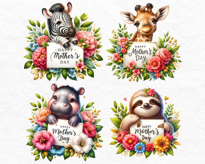 Cute Mother's Day Animals Clipart PNG Bundle, Baby Animals, Mother Day ...
