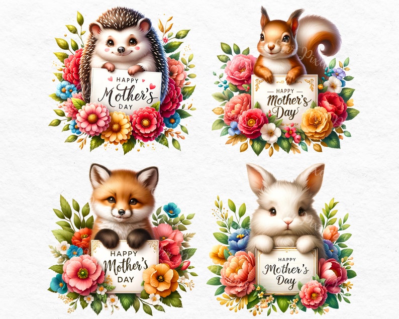 Cute Mother's Day Animals Clipart PNG Bundle, Baby Animals, Mother Day ...