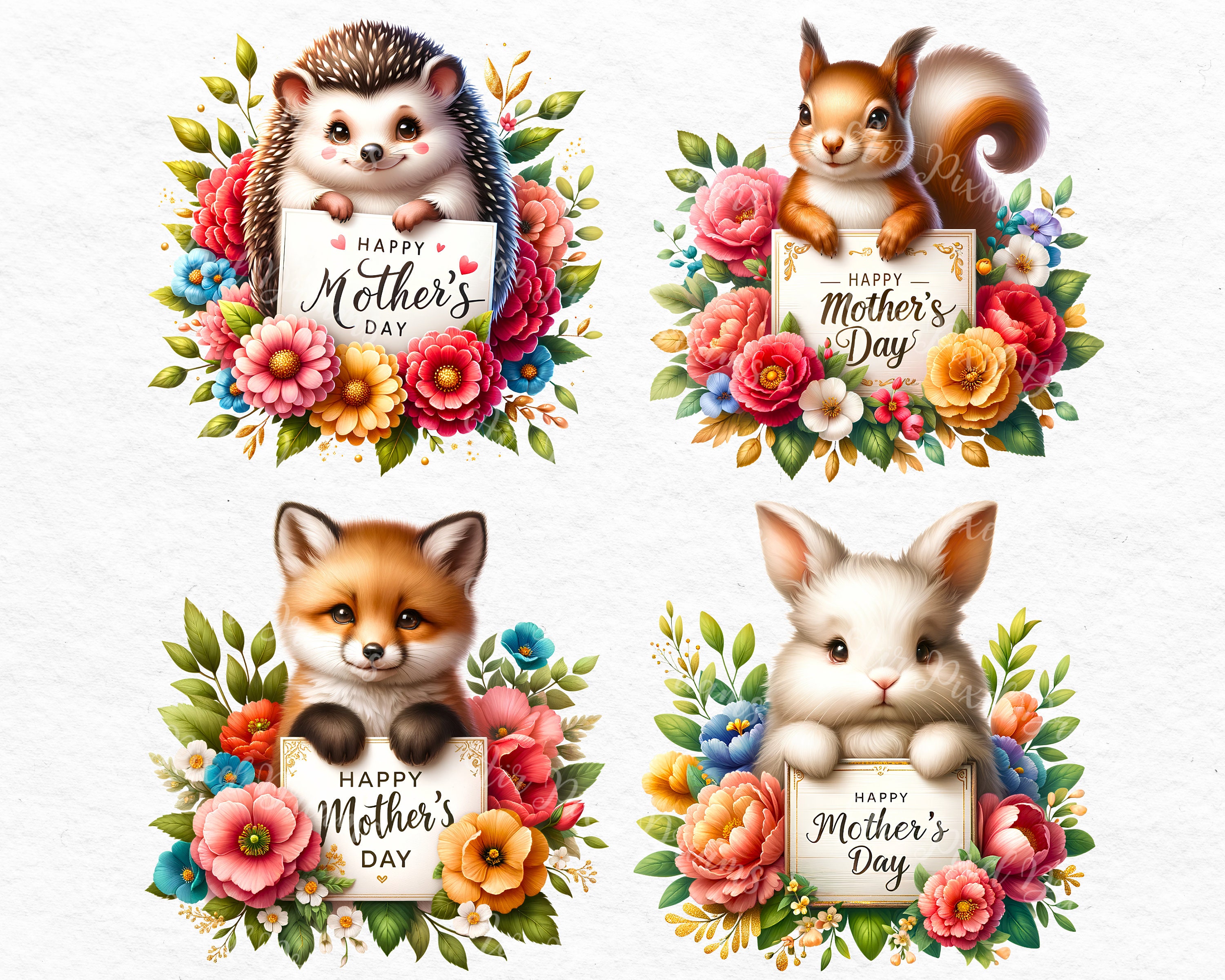 Cute Mother's Day Animals Clipart PNG Bundle, Baby Animals, Mother Day ...