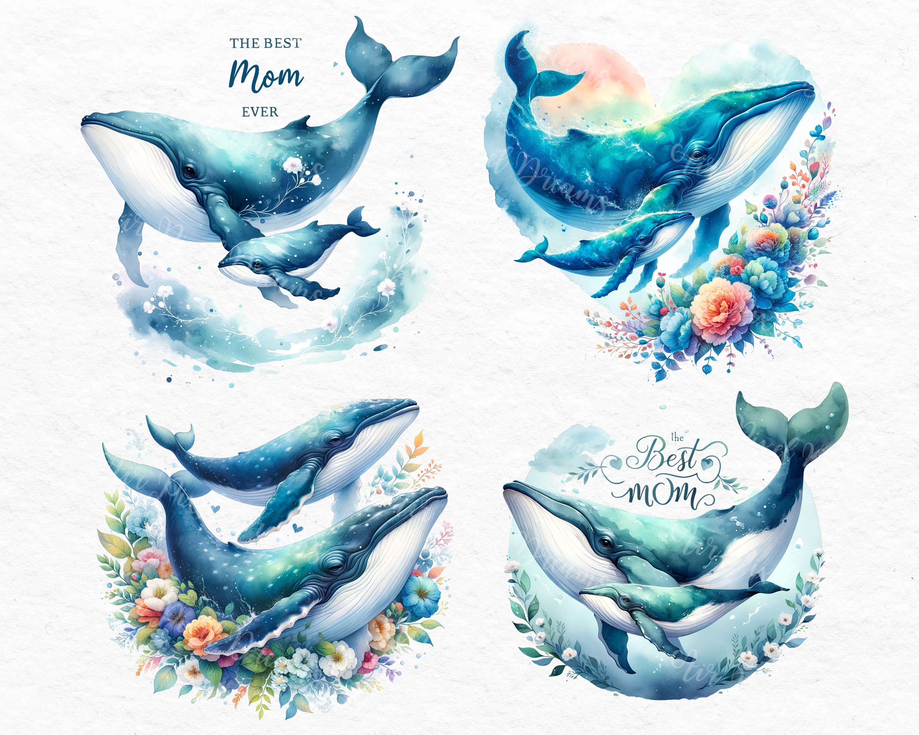 Watercolor Whale Clipart Collection for Mother's Day, Whale Nursery ...