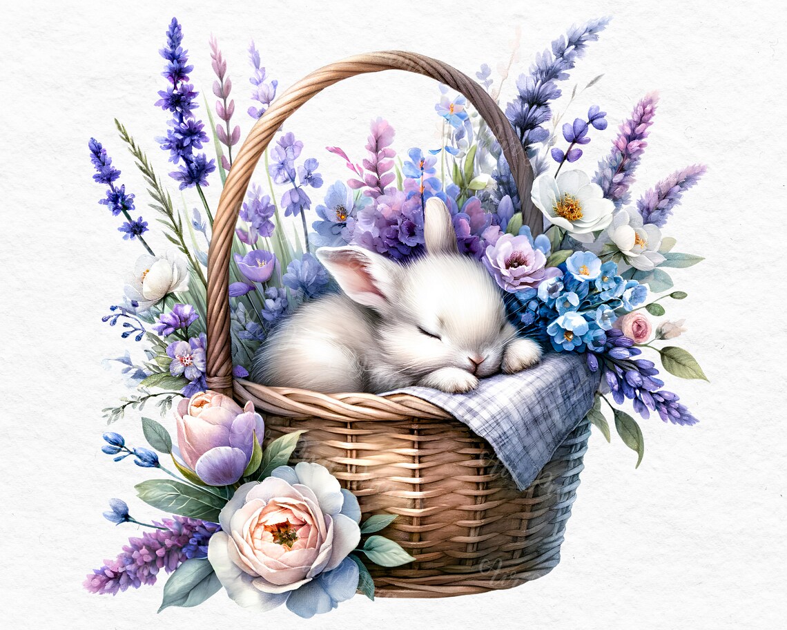 Spring Bunny in a Basket Clipart Bundle, 16 Png, Seasonal Clipart ...
