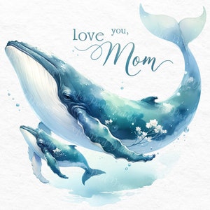 Watercolor Whale Clipart Collection for Mother's Day, Whale Nursery ...