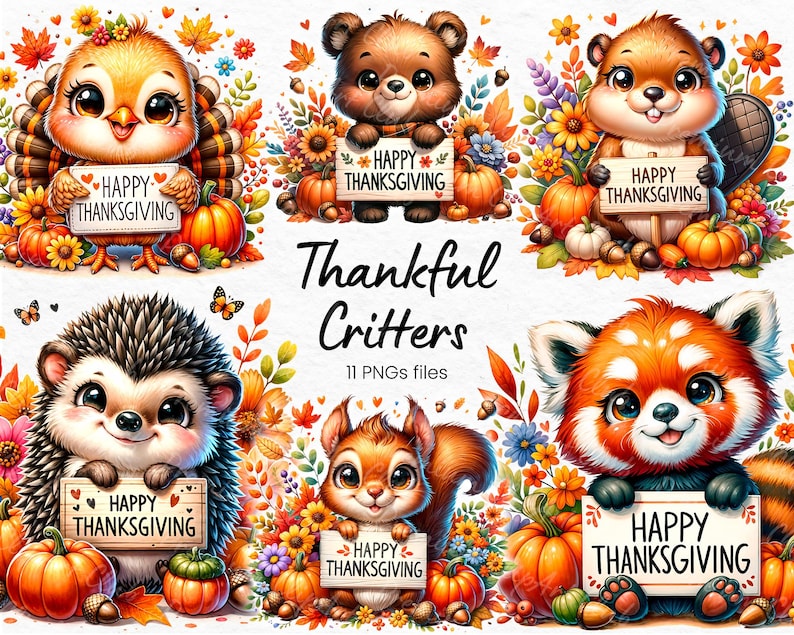 Thankful Critters Thanksgiving Bundle 11 Cute Fall Animal Pngs Woodland ...