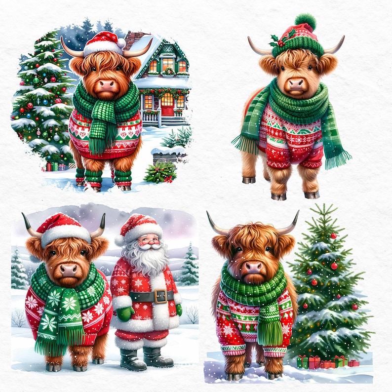 Christmas Highland Cow Clipart Watercolor Scottish Cattle PNG, Festive ...