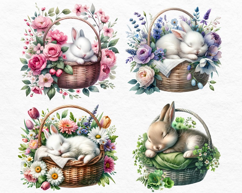Spring Bunny in a Basket Clipart Bundle, 16 Png, Seasonal Clipart ...