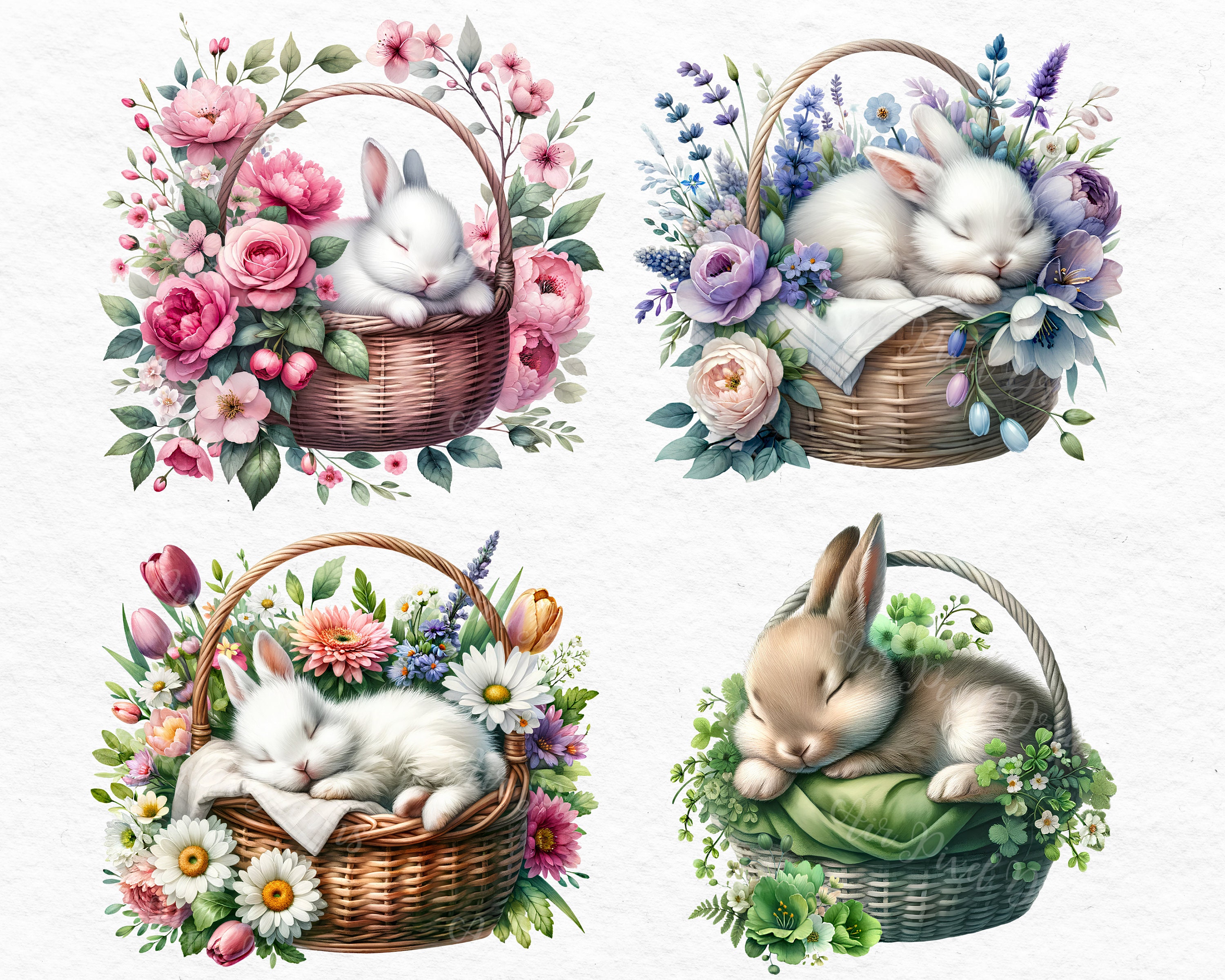Spring Bunny in a Basket Clipart Bundle, 16 Png, Seasonal Clipart ...