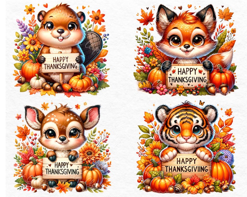 Thankful Critters Thanksgiving Bundle 11 Cute Fall Animal Pngs Woodland ...