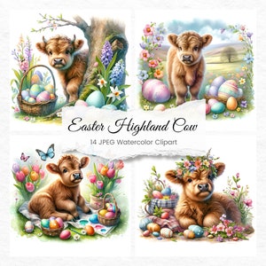 Easter Highland Cow Clipart Bundle, 14 JPEG, Watercolor Highland Cow ...
