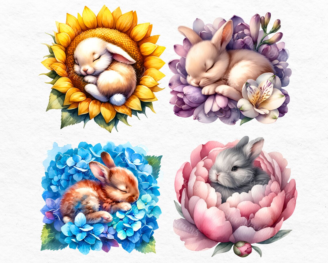 Bunnies in Bloom Clipart Bundle, 20 Png, Watercolor Bunny Graphics ...