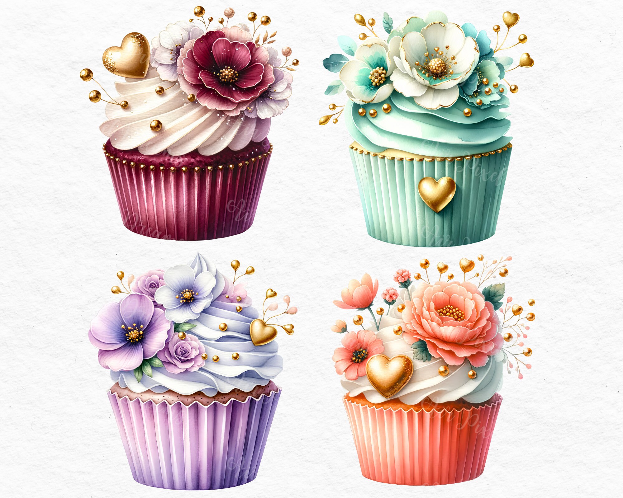 Watercolor Floral Cupcake Clipart, Dessert Clipart, Watercolor Sweets ...