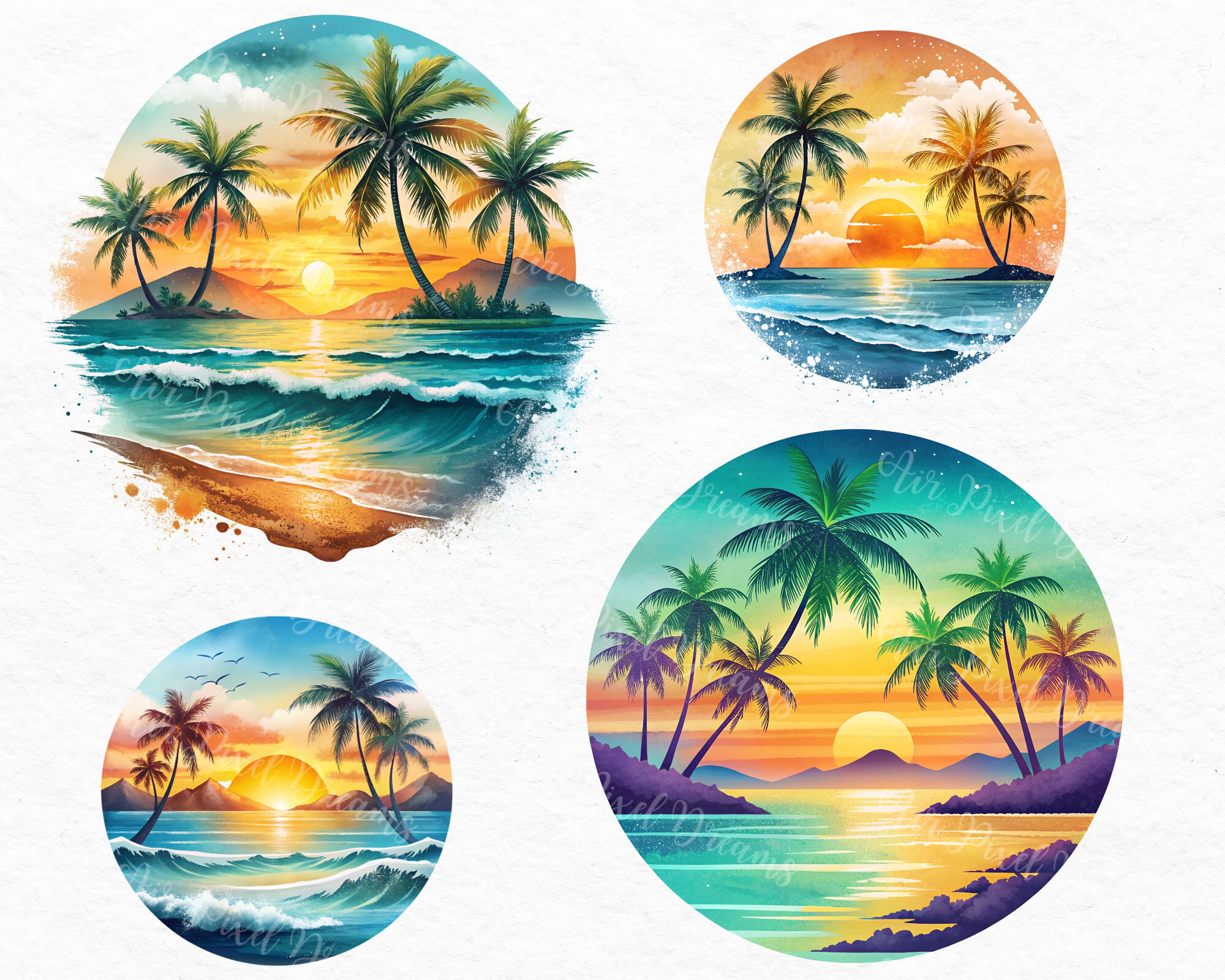 Sunset Beach Clipart Tropical Palm Tree Digital Illustrations, Sunset ...