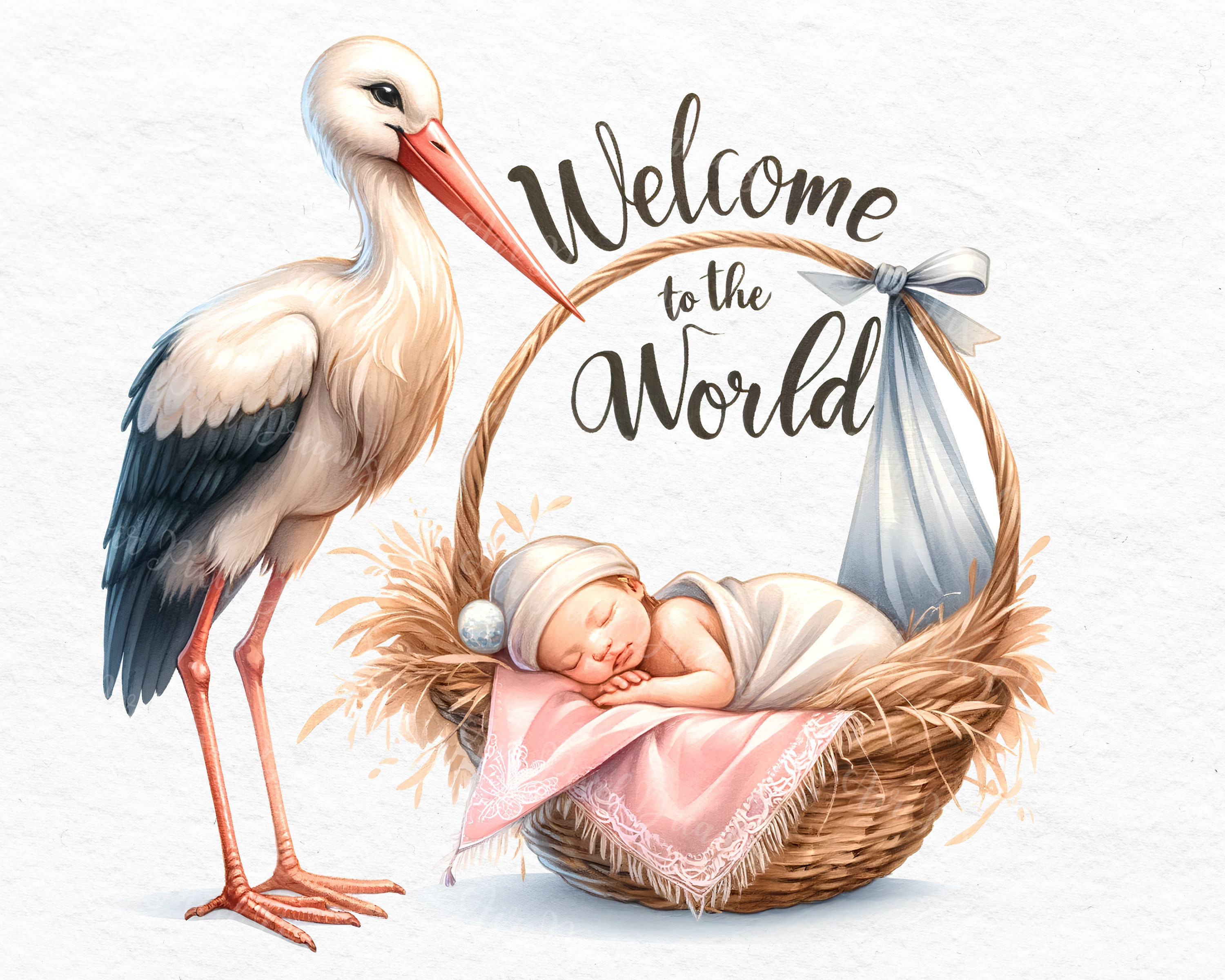 Watercolor Stork Clipart Bundle, Welcome World Baby Sign, Newborn ...