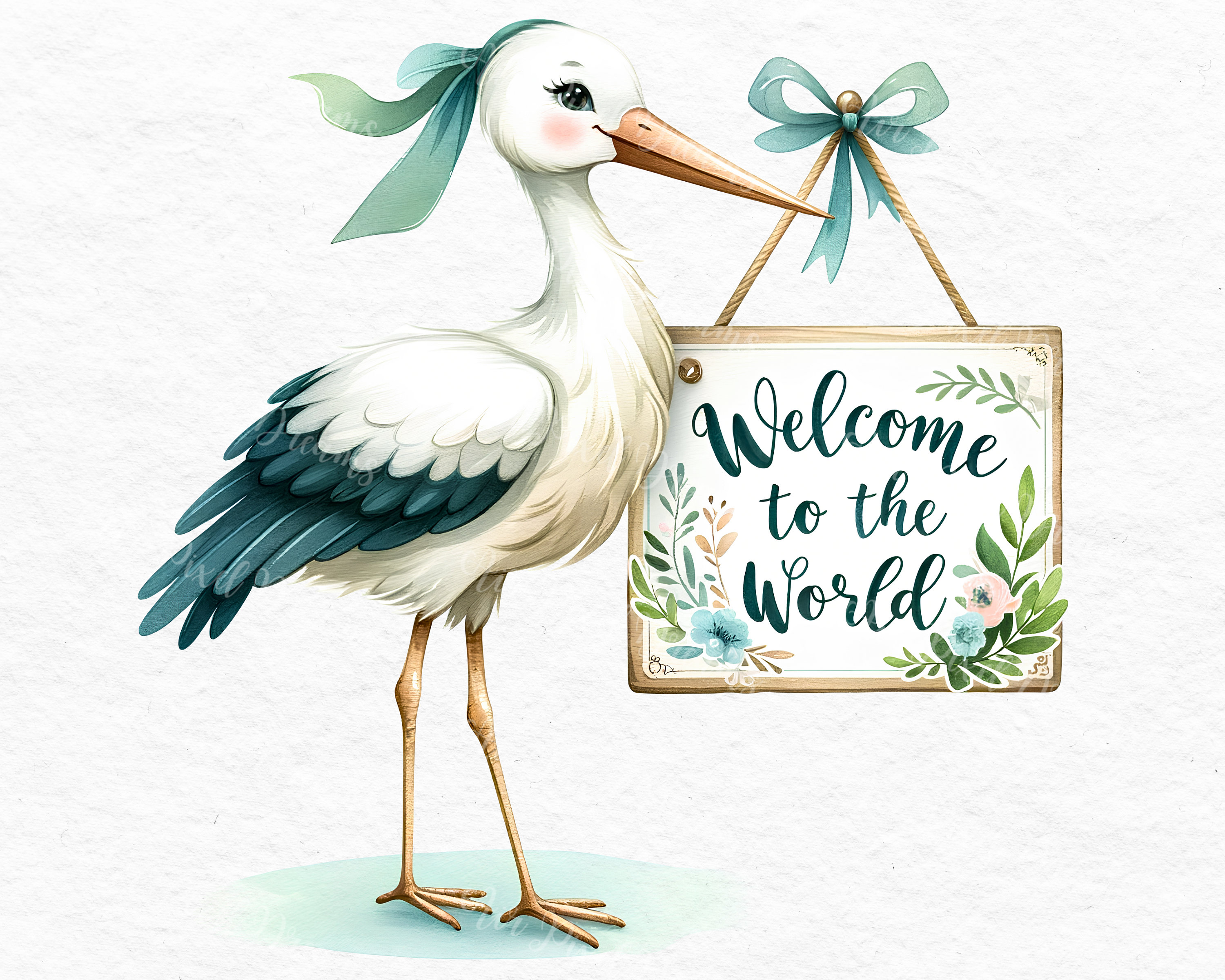 Watercolor Stork Clipart Bundle, Welcome World Baby Sign, Newborn ...