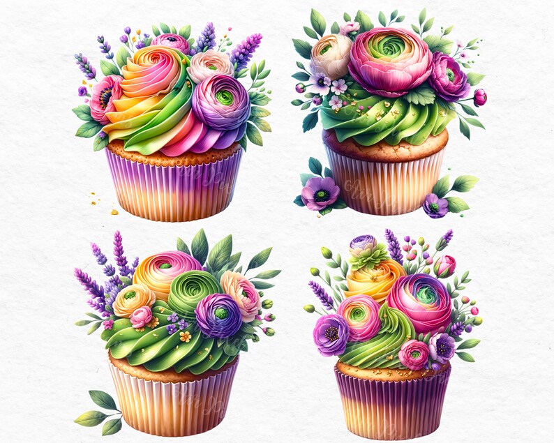 Floral Delight Cupcake Collection, Sweet Food Clipart, Watercolor ...