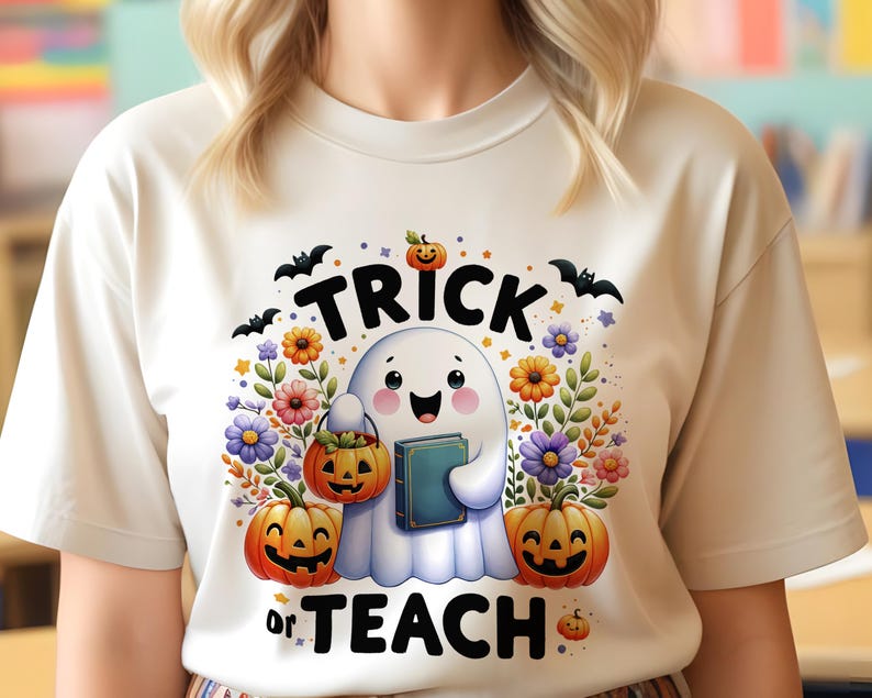 Trick or Teach Ghost Teacher PNG Cute Halloween Ghost With Pumpkins ...
