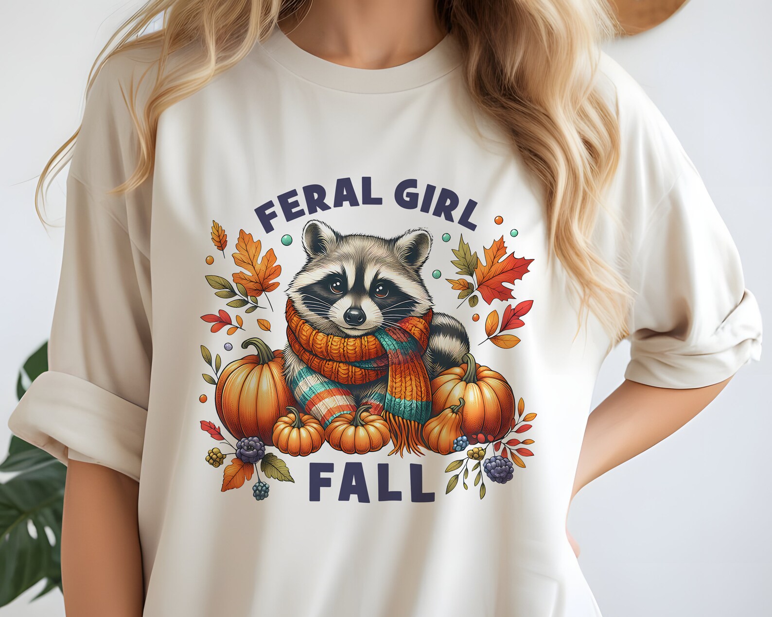 Feral Girl Fall - Funny Raccoon With Pumpkins and Autumn Leaves PNG ...