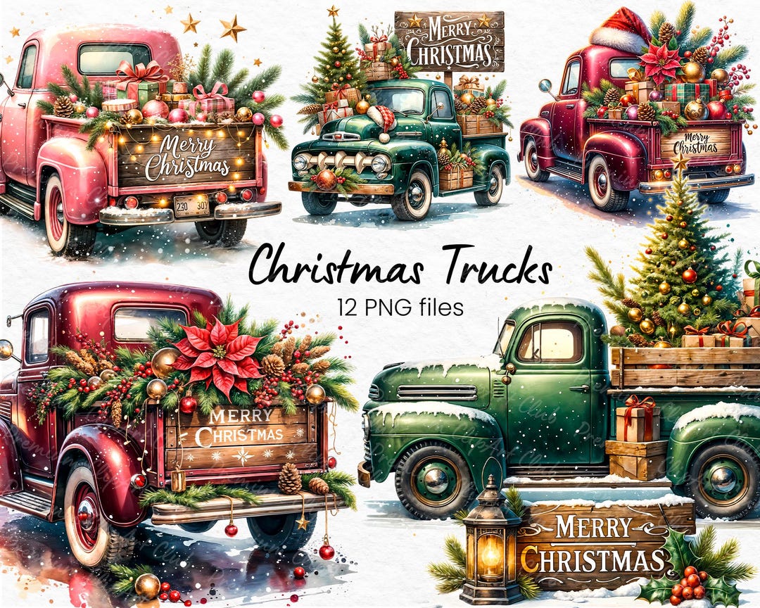 Vintage Christmas Trucks Clipart Bundle Watercolor Farm Trucks With ...
