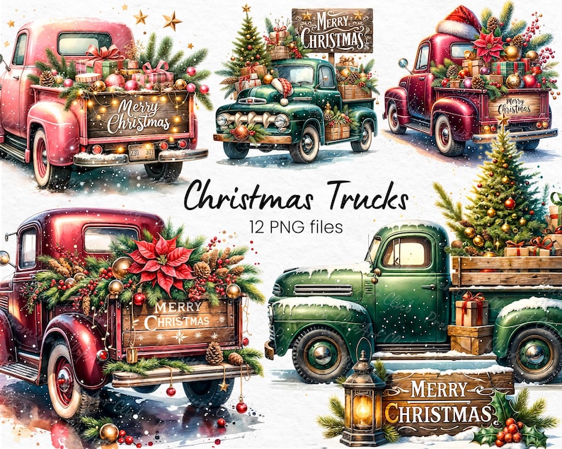 Vintage Christmas Trucks Clipart Bundle Watercolor Farm Trucks With ...