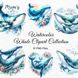 Watercolor Whale Clipart Collection for Mother's Day, Whale Nursery ...
