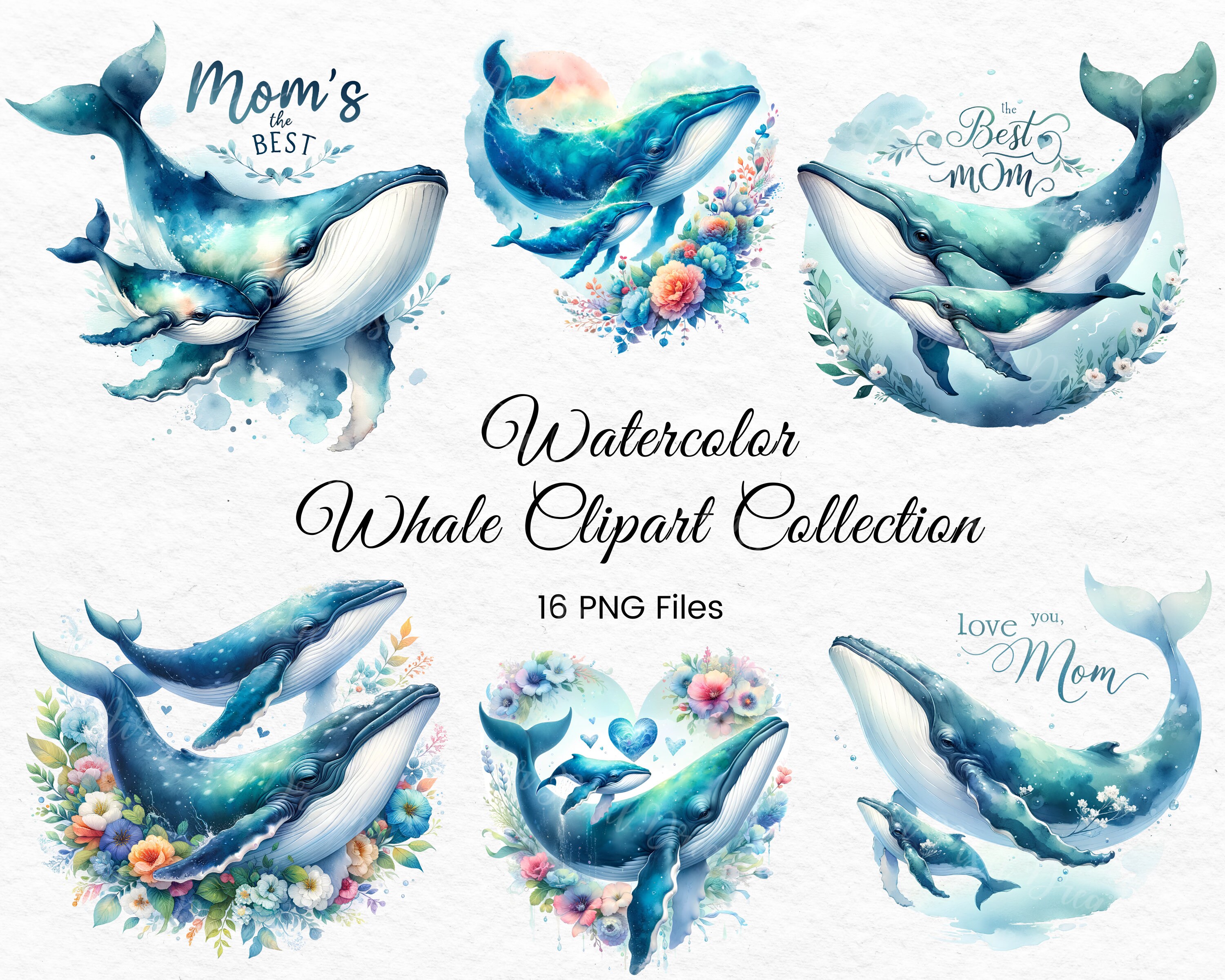Watercolor Whale Clipart Collection for Mother's Day, Whale Nursery ...