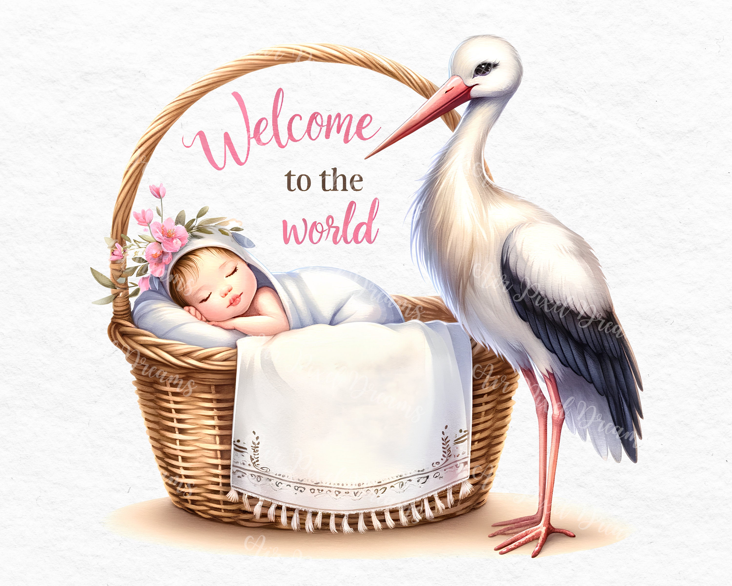 Watercolor Stork Clipart Bundle, Welcome World Baby Sign, Newborn ...