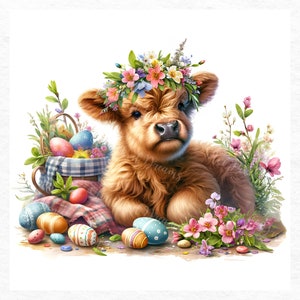 Easter Highland Cow Clipart Bundle, 14 JPEG, Watercolor Highland Cow ...