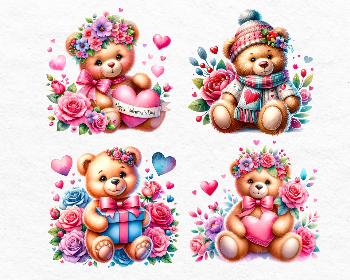 Watercolor Valentines Teddy Bear Clipart 15 PNG Valentines Day Clipart ...