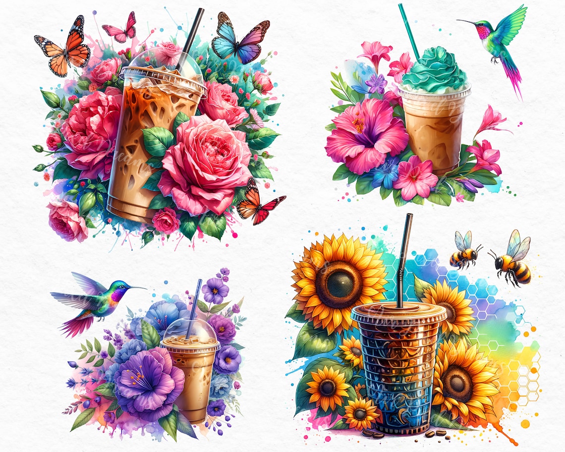 Iced Coffee Png, Coffee Clipart Bundle, Floral Coffee Bundle, Coffee ...