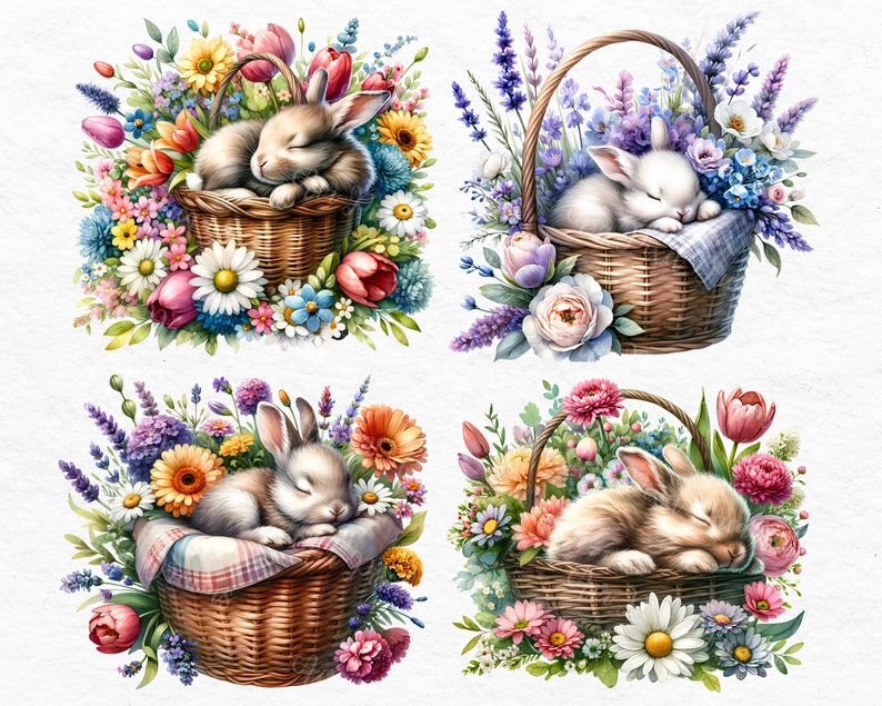 Spring Bunny in a Basket Clipart Bundle, 16 Png, Seasonal Clipart ...