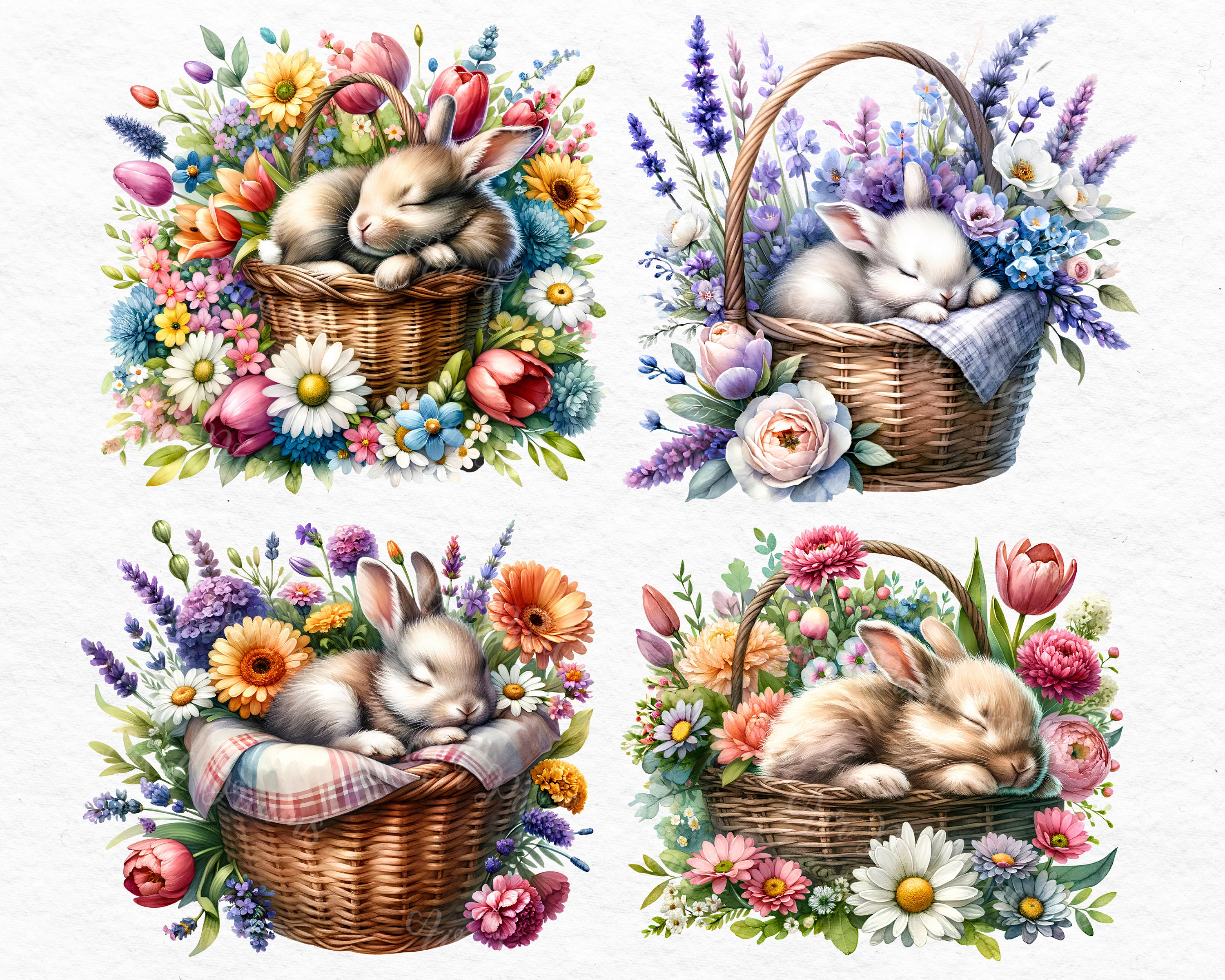 Spring Bunny in a Basket Clipart Bundle, 16 Png, Seasonal Clipart ...