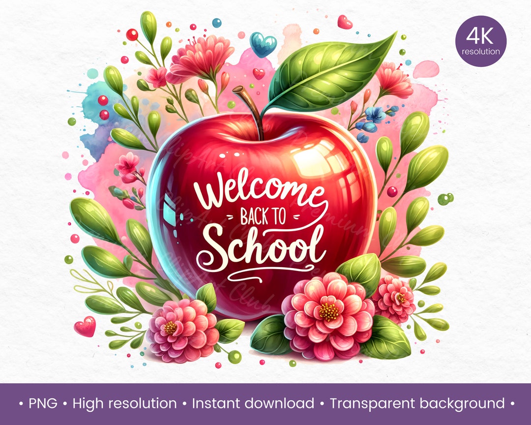 Back to School Floral Apple Clipart, School Year Start, School Return ...