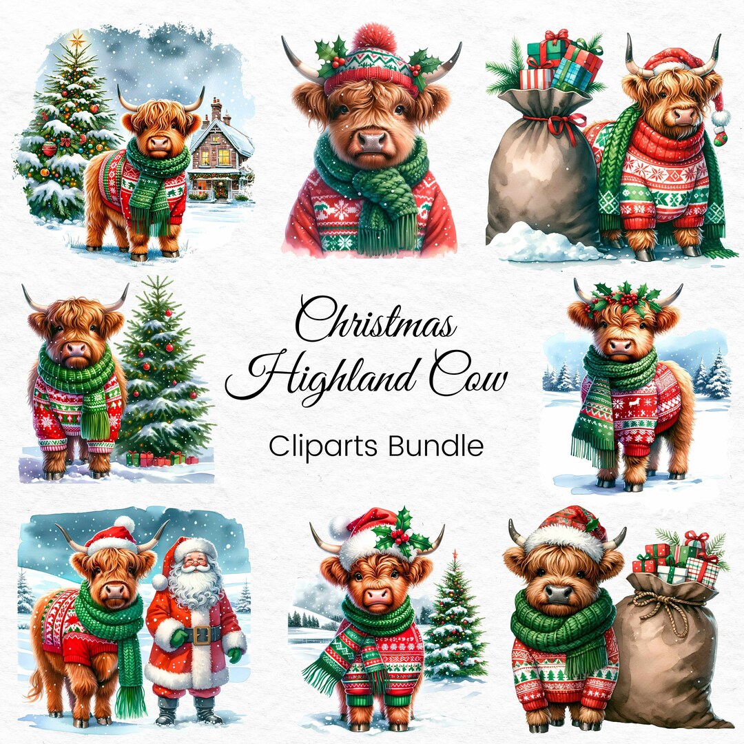 Christmas Highland Cow Clipart - Watercolor Scottish Cattle PNG ...
