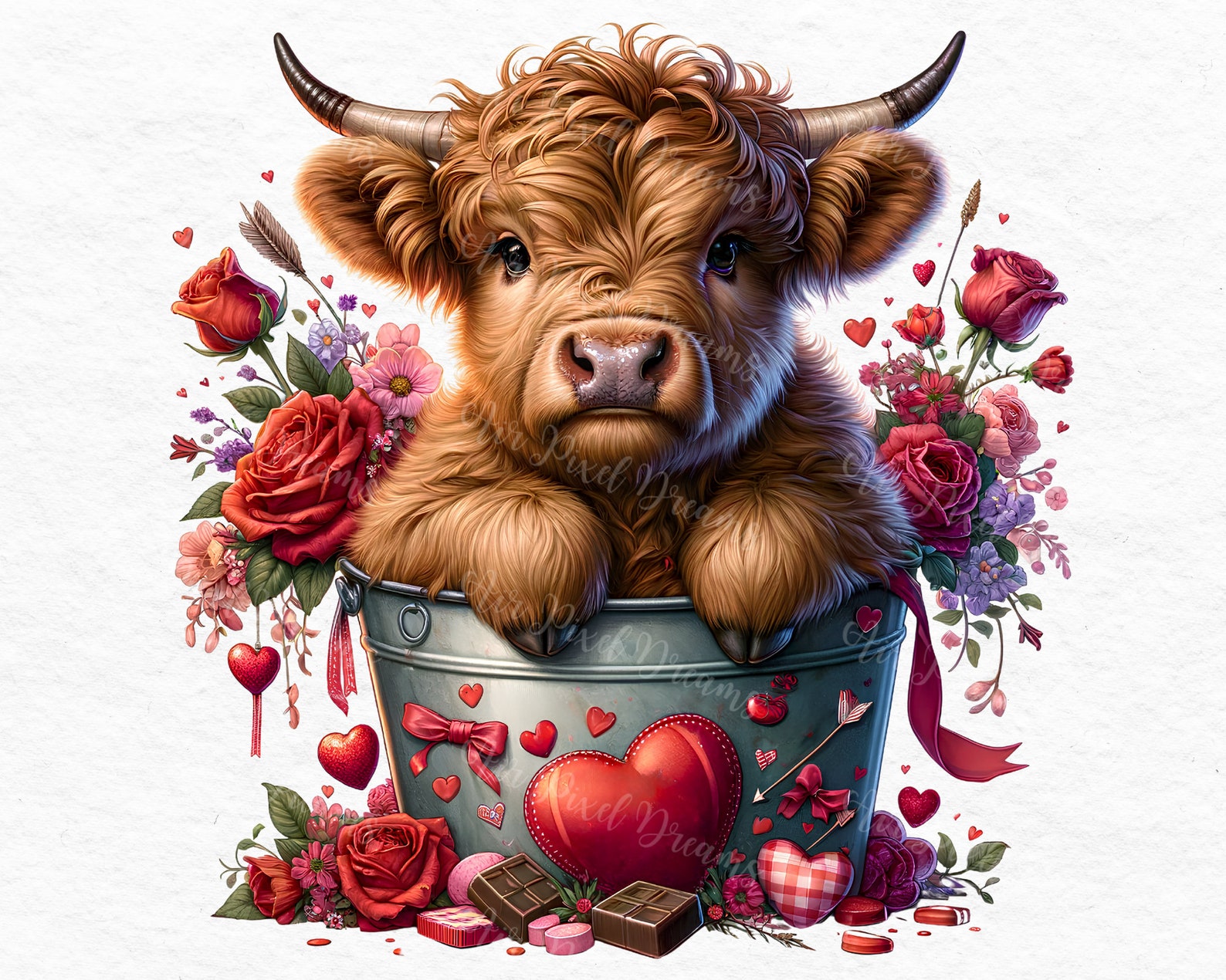 Valentine's Highland Cow Clipart, Whimsical Highland Valentine Cow Love ...