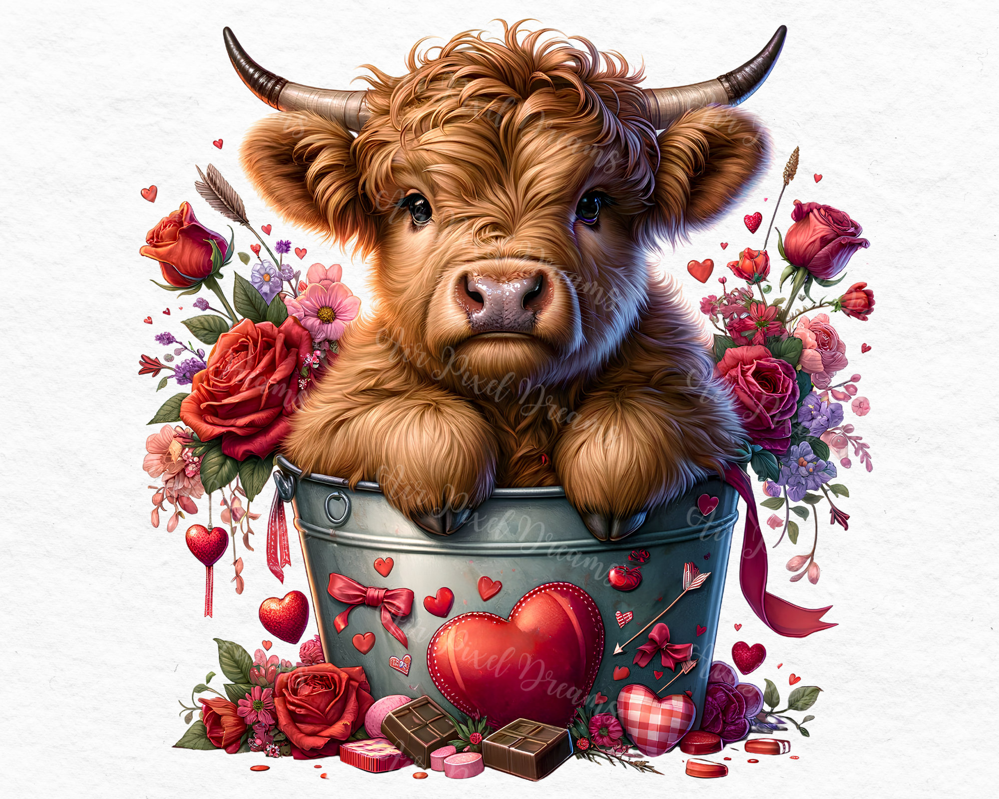 Valentine's Highland Cow Clipart, Whimsical Highland Valentine Cow Love ...