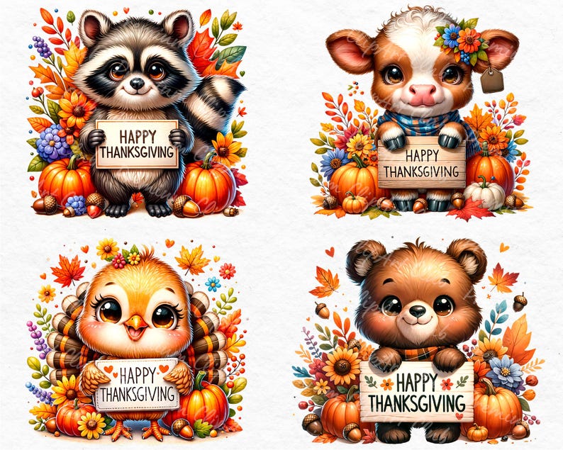 Thankful Critters Thanksgiving Bundle 11 Cute Fall Animal Pngs Woodland ...
