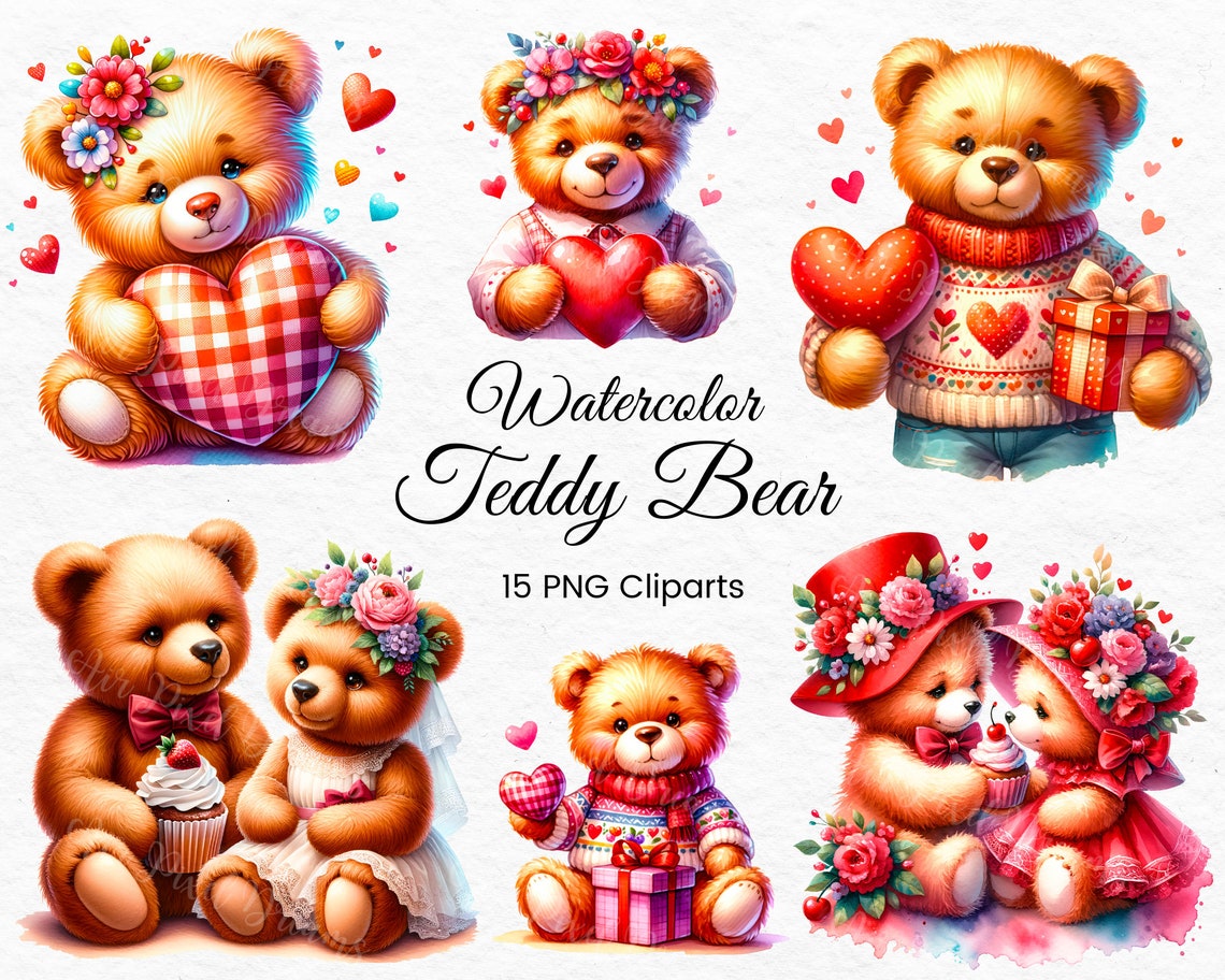 Watercolor Teddy Bear Clipart 15 PNG Valentines Day Clipart, Valentines ...