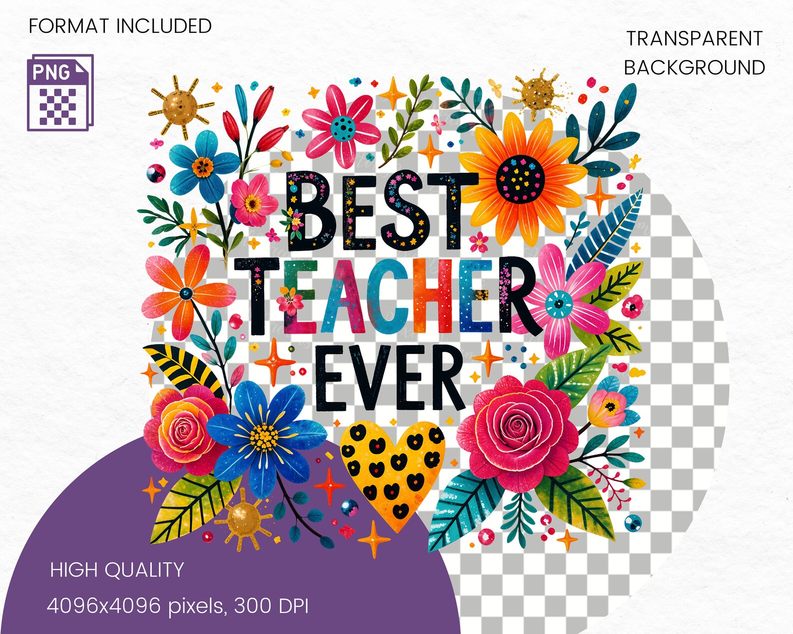 Best Teacher Ever Colorful Floral Clipart Teacher Graphics Teacher ...
