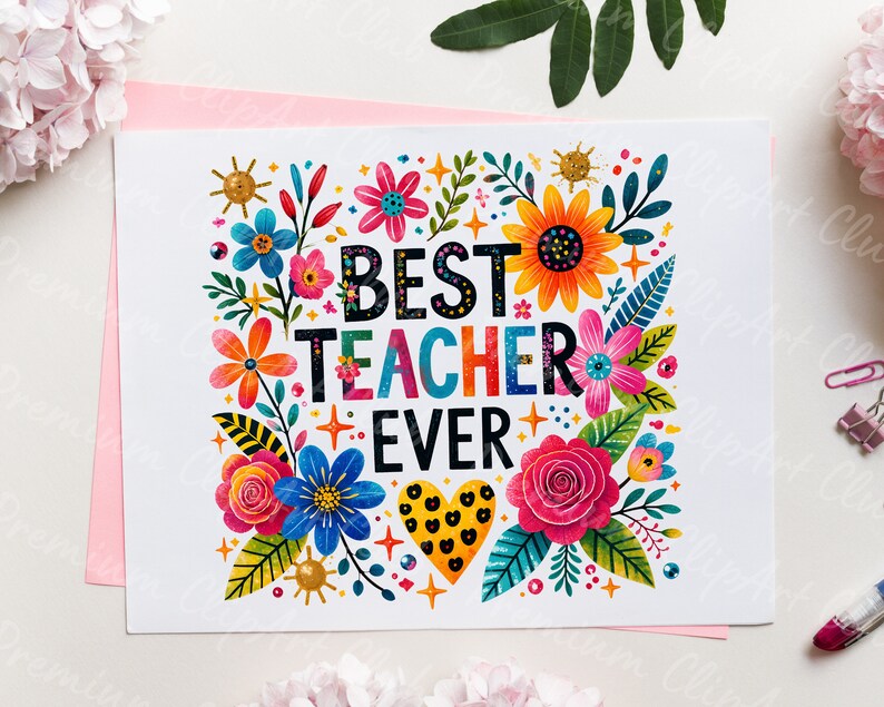 Best Teacher Ever Colorful Floral Clipart Teacher Graphics Teacher ...