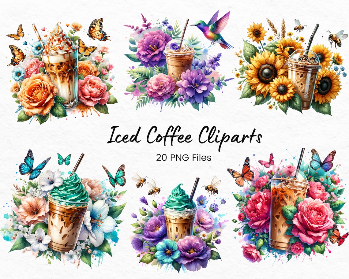 Iced Coffee Png, Coffee Clipart Bundle, Floral Coffee Bundle, Coffee ...