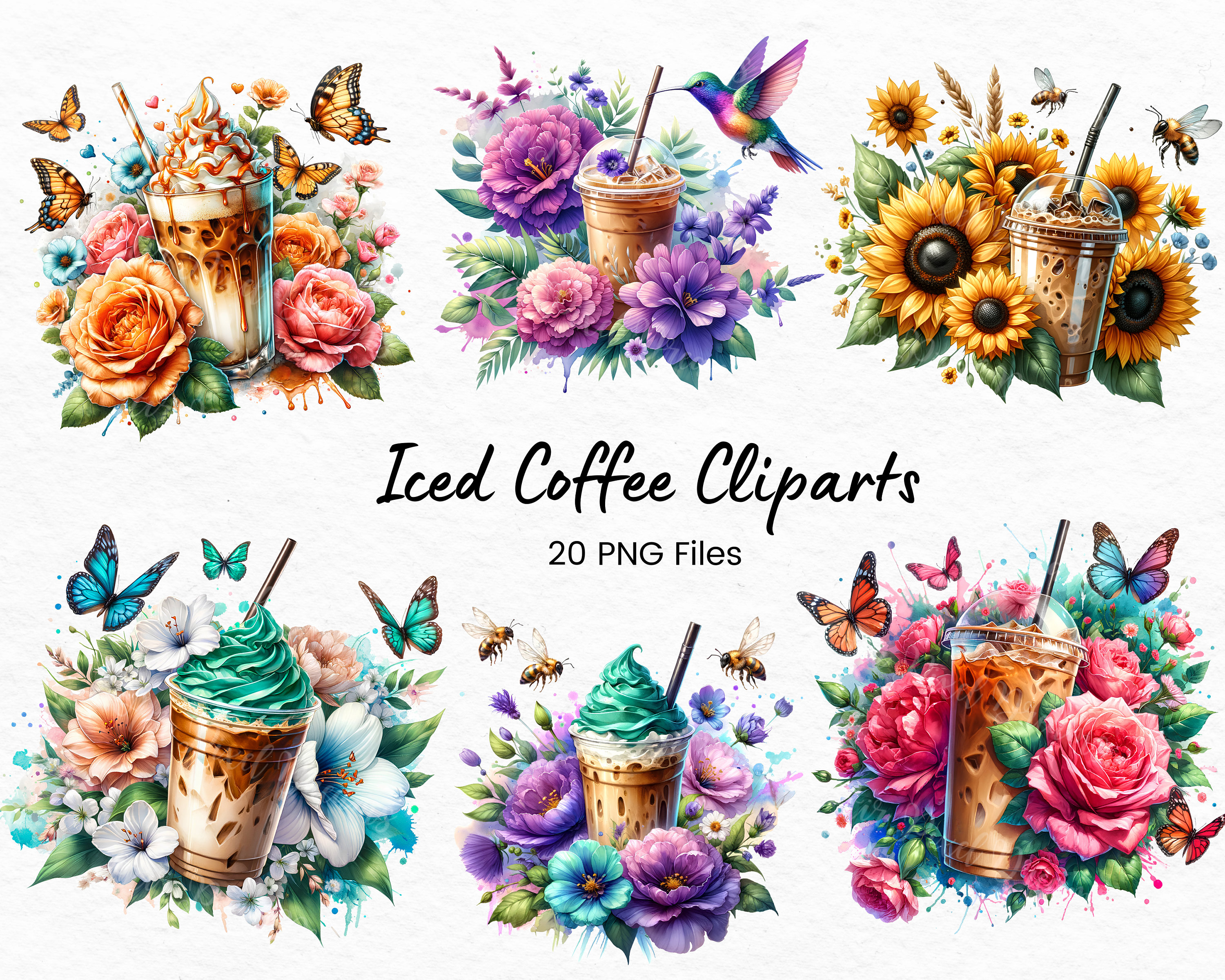 Iced Coffee Png, Coffee Clipart Bundle, Floral Coffee Bundle, Coffee ...
