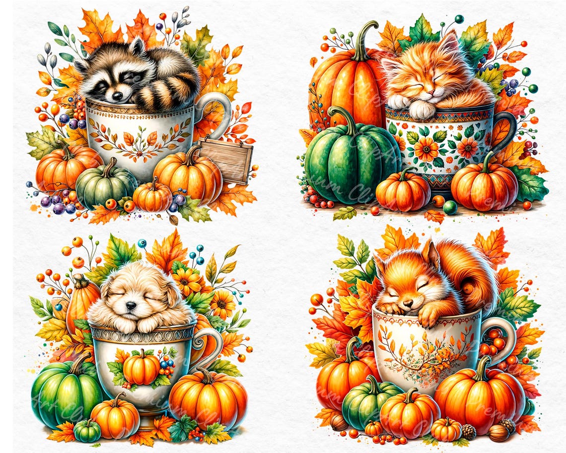Autumn Critters Fall Mug Friends Bundle | Woodland Animals in Mugs Fall ...
