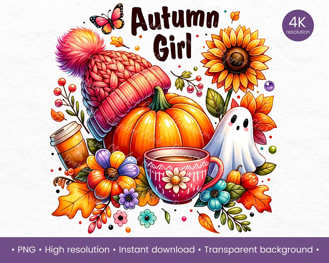 Autumn Girl Clipart With Cute Ghost, Pumpkin, Sunflower, Cozy Knit Hat ...
