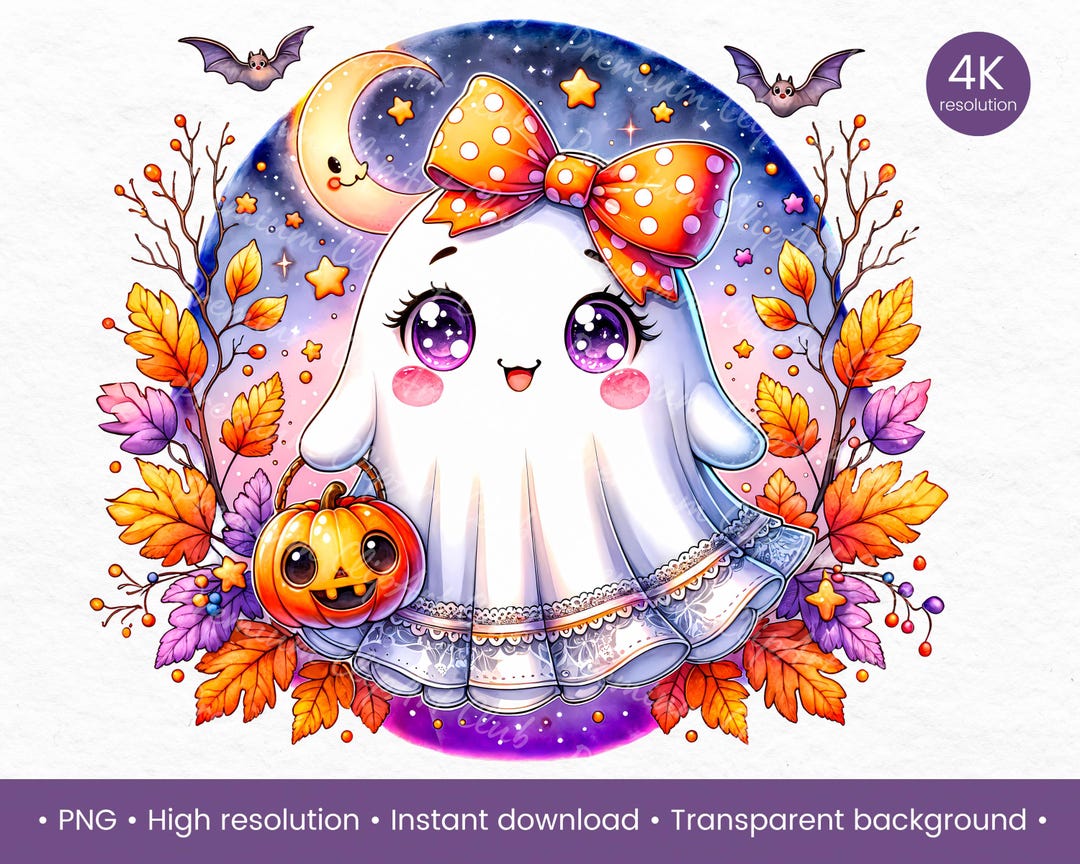 Cute Kawaii Halloween Ghost PNG With Bow, Pumpkin, Moon, and Stars ...